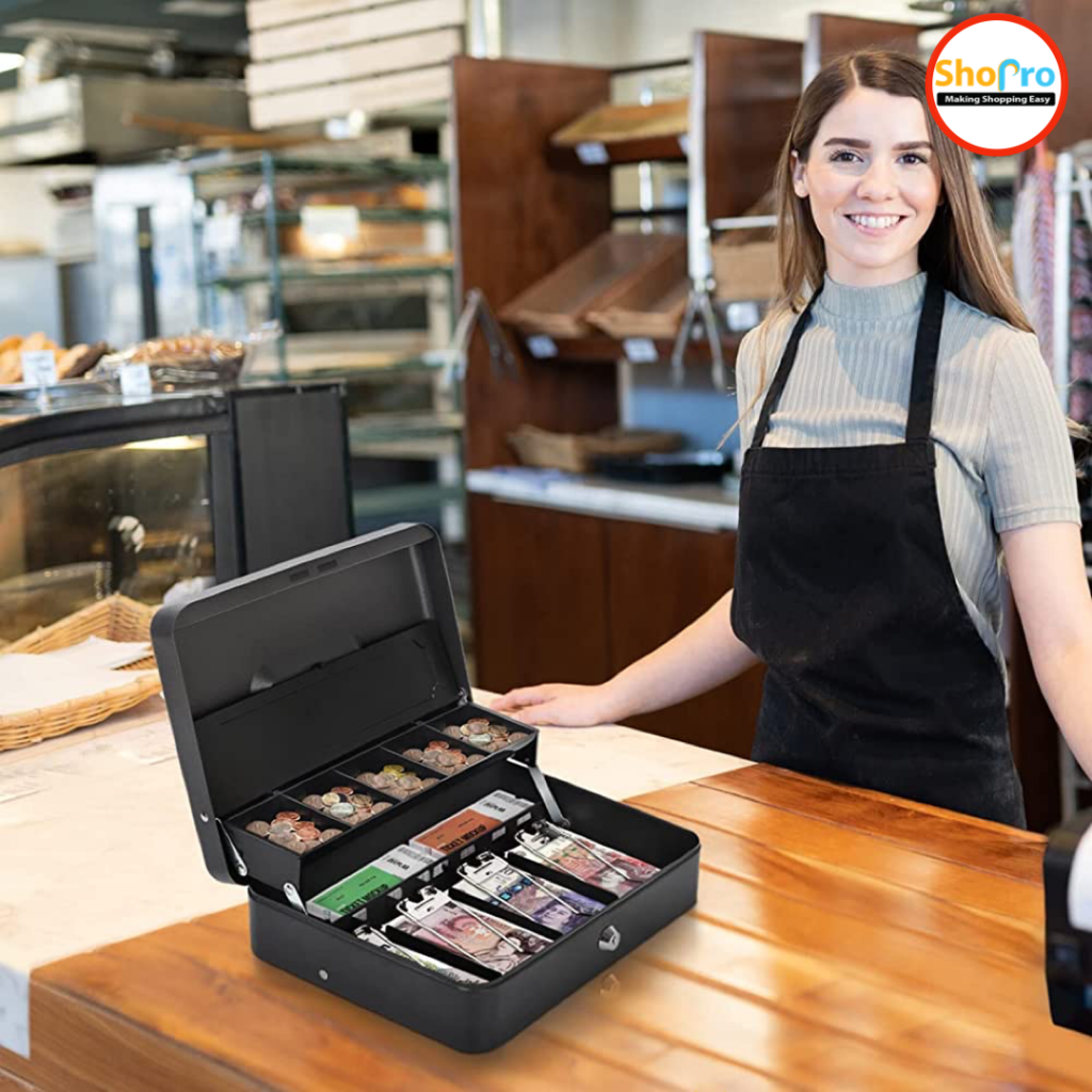 Black Secure Cash Box/ Money organizer/ Cashier Register With Key Lock ...