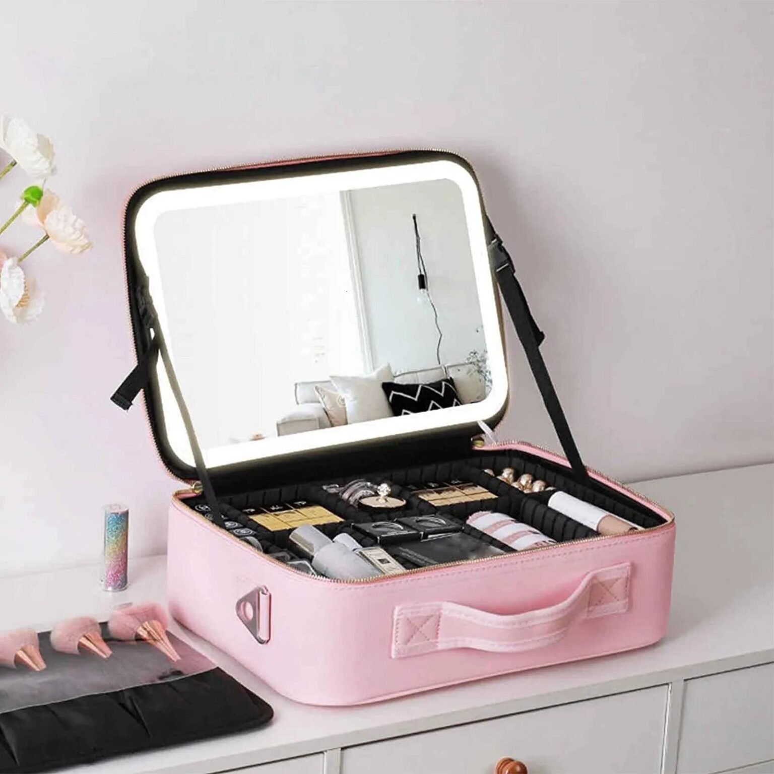 Travel Makeup Bag with LED Mirror – Large Pink Cosmetic Case with ...